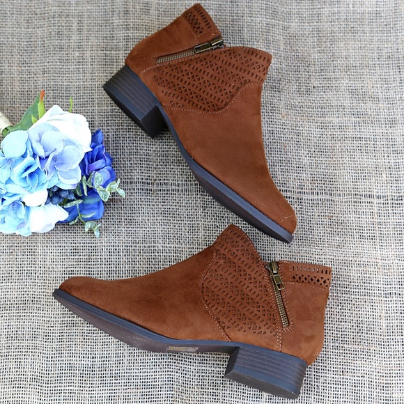 Shoes | New Cognac Cutout Low Heel Booties Ankle Boots | Poshmark